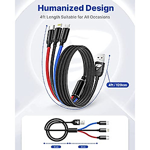 Multi Charging Cable, Multi Charger Cable Nylon Braided 3 in 1 Charging Cable Multi USB Cable Fast Charging Cord with Type-C, Micro USB and IP Port, Compatible with Most Phones & iPads (2 Pack 4FT)