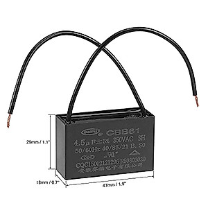 uxcell Ceiling Fan Capacitor CBB61 4.5uF 350V AC 2 Wires Metallized Polypropylene Film Capacitor 47x29x18mm for Electric Fan Pump Motor Generator