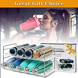 Water Bottle Organizer For Cabinet, Expandable Water Bottle Holder Rack, Adjustable Tumbler Storage For Kitchen Organization, 2 Tier Cup Organizer For Sports Flask Insulated Travel Mug Fridge, White