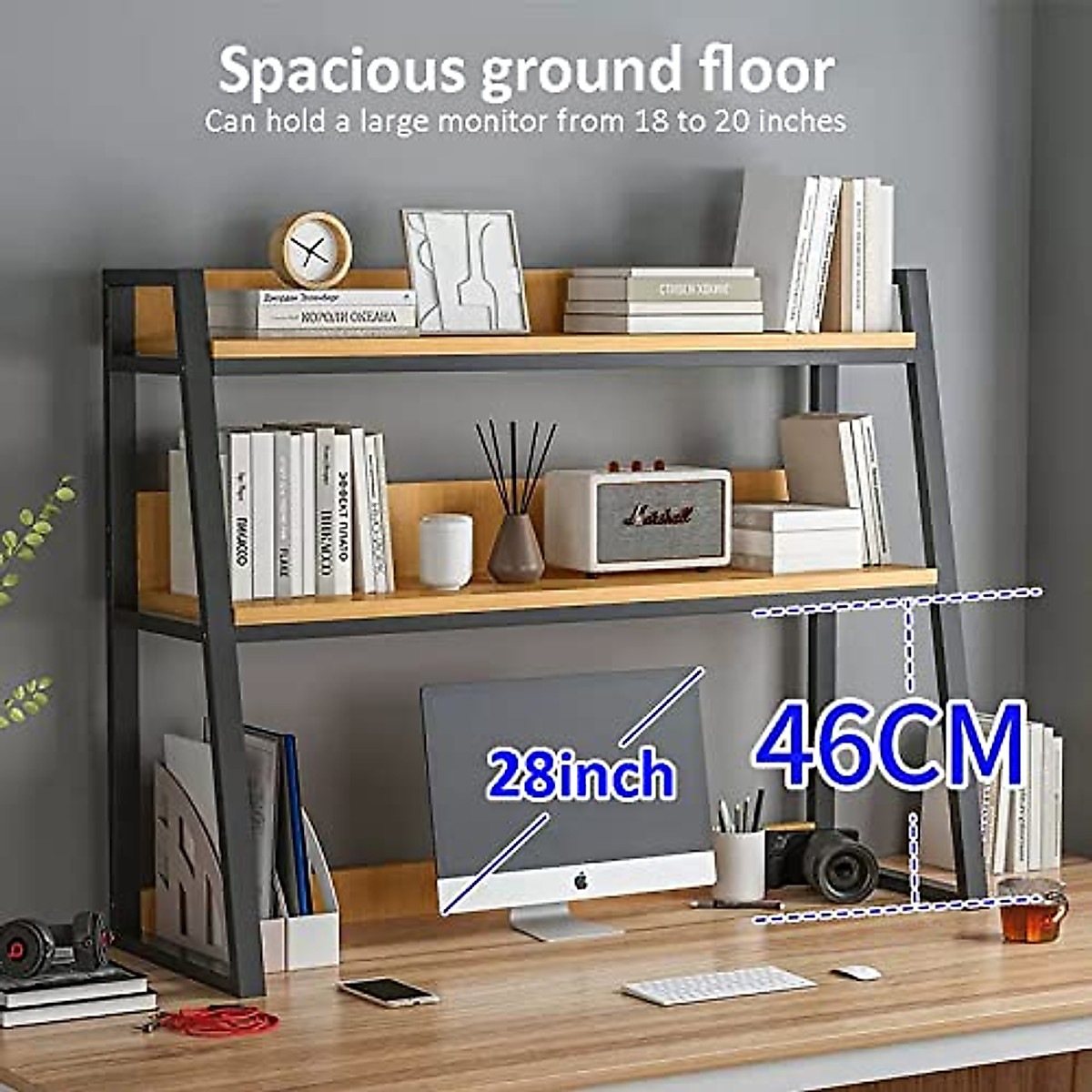 QQXX Wood Desktop Bookshelf for Computer Desk,2-Tier Hutch Bookcase Organizer,Multipurpose Countertop Storage Hutch Display Rack for Home Office Furniture(115x32x90cm(45x13x35inch), Black)