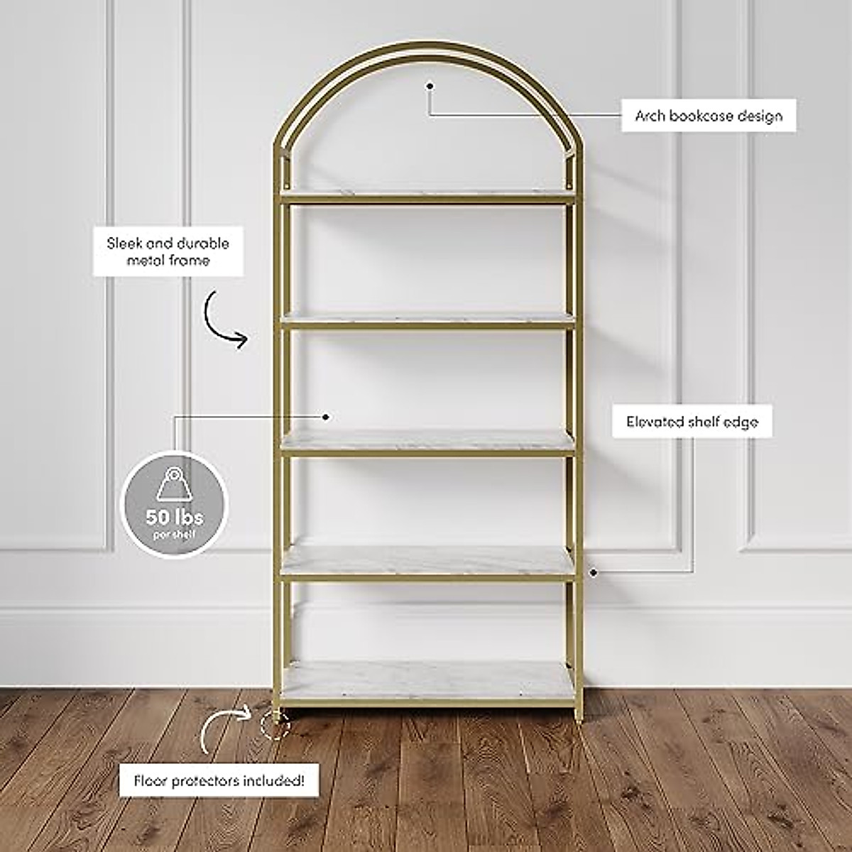 Nathan James Haven Etagere Bookshelf, 5-Shelf Faux Marble Bookcase in White Faux Marble Finish and Gold Metal Frame with Arch Top and Open Shelves, White/Gold, Set of 2