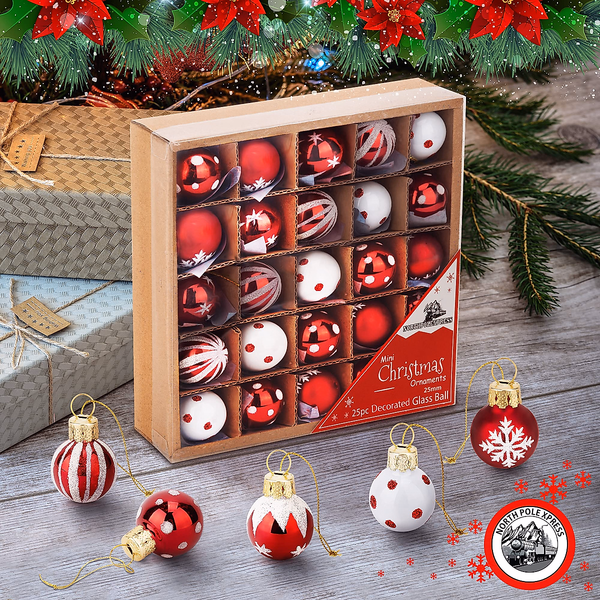 1 Inch Mini Red & White Peppermint Glass Ball Christmas Ornaments Set of 25 Balls | Miniature Christmas Tree Ornaments | Rustic Christmas Decorations | Mini Christmas Tree Decorations for Small Trees