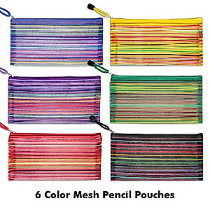 Selizo 6 Pcs Pencil Pouch Plastic Pencil Cases Zipper Mesh Pouch Bag for Office Pen Cosmetic Makeup
