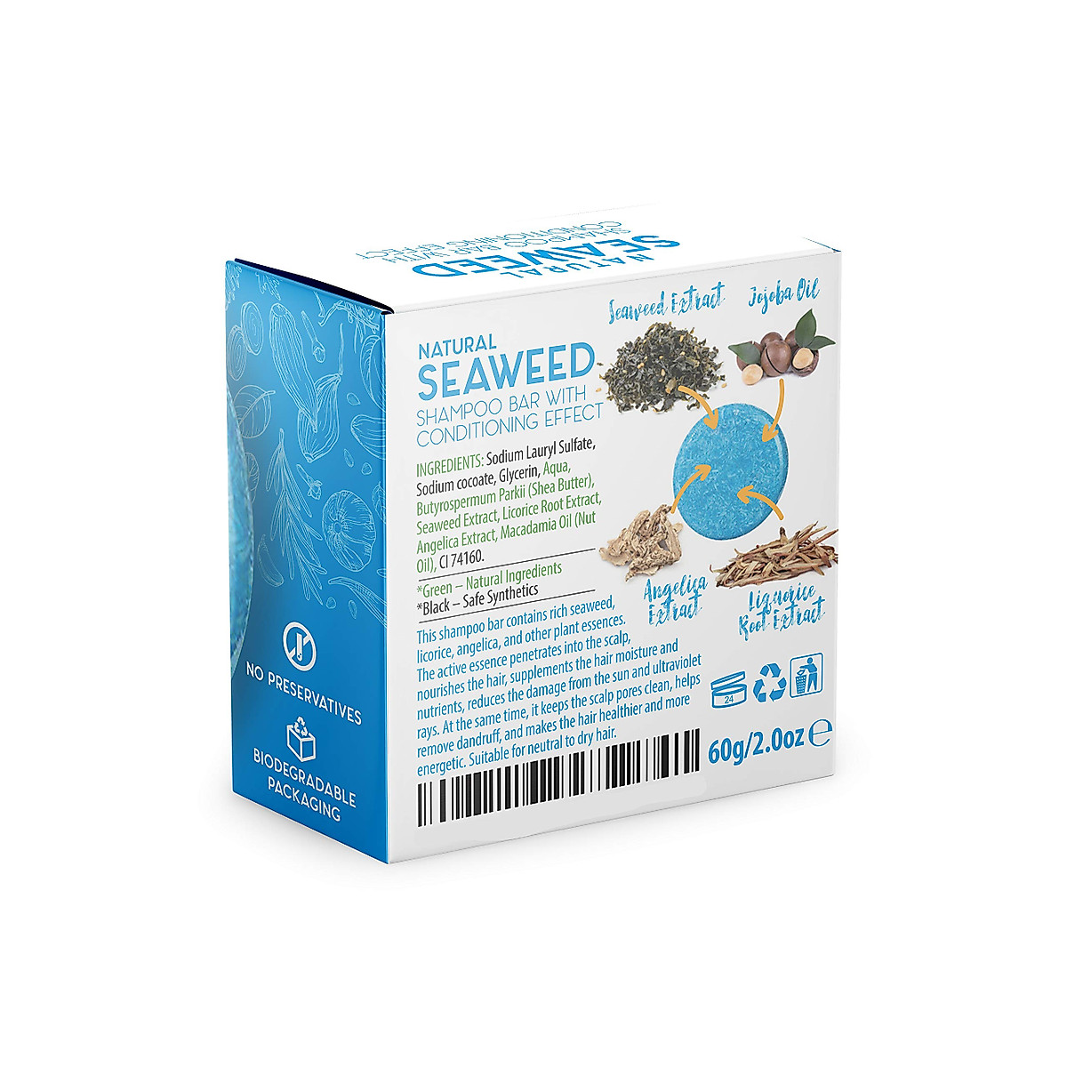 Solid Shampoo Bar And Conditioner Effect Hair Soap – 100% Organic Shampoo Bars For Hair With All Natural Plant Based Essential Oils And Zero Waste Biodegradable Packaging (Seaweed)