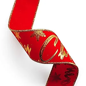 CT CRAFT LLC Red Velvet Gold Merry Christmas Wired Ribbon 2.5 Inch x 10 Yards for Christmas Home Decor Tree Topper Bow Gift Wrapping DIY Crafts Wreath Garland
