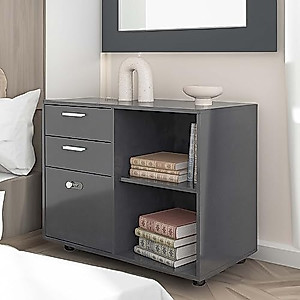 Heliosphere Modern 3 Storage Drawer File Cabinet with Coded Lock, Wood Printer Stand with Open Storage Shelves/Mobile Lateral Filing Cabinet/Easy Assemble for Home Office Bedroom (Dark Gray)