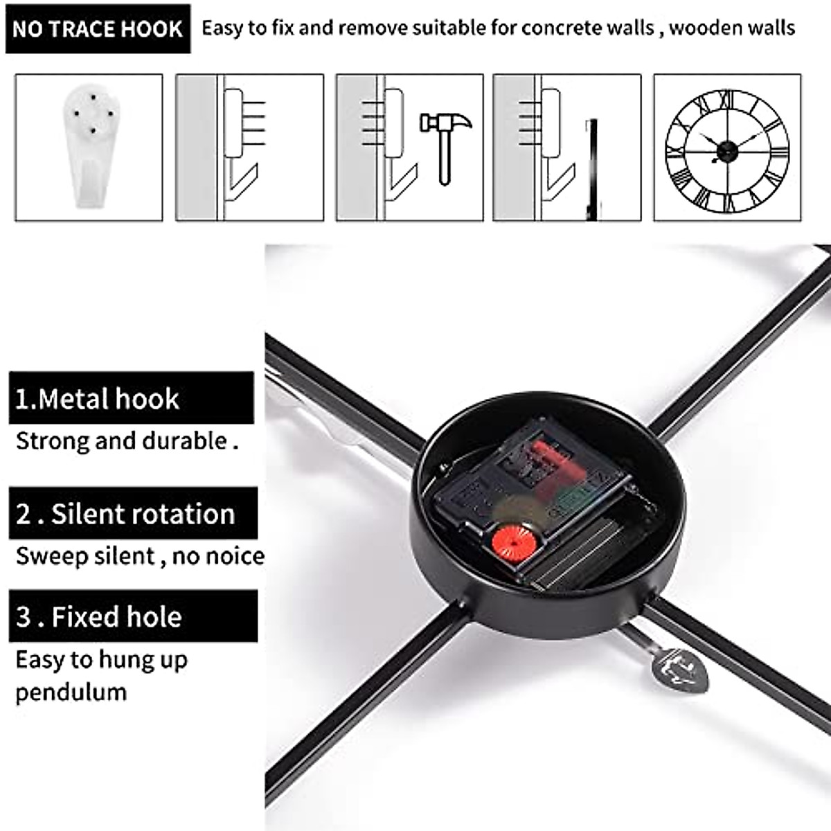 Large Wall Clock Metal Retro Roman Numeral Clock, Modern Round Clocks Almost Silent, Easy to Read for Living Room/Home/Kitchen/Bedroom/Office/School Decor (Black, 16 Inch)