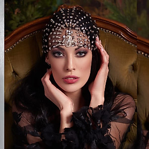 STONEFANS 1920s Crystal Flapper Headpiece Cap for women Bridal Rhinestone Mesh Headband Cleopatra Costume Hair Accessories (Silver)