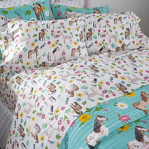 Rod's - Daisy Pony (Sheet Set) - 4-Piece Queen Sheet Set - Floral Pony - Pink Yellow Turquoise - Top Sheet(92x102in.) - Fitted Sheet (60x80x15in) - Two Standard Pillow Cases (20x30in) - Cotton