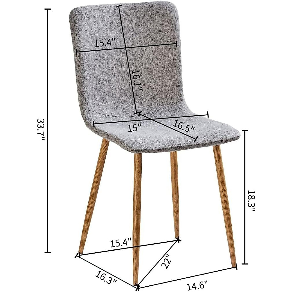 FurnitureR Scandinavian Set of 2,Side Fabric Cushion Seat Accent Sturdy Oak Metal Legs for Kitchen Living Waiting Room Dining Chair, 15" D x 16.5" W x 33.7" H, Grey