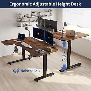 59'' L Shaped Electric Height Adjustable Standing Desk, Sit to Stand Home Office Computer Desk with Black Frame & Rustic Brown Top