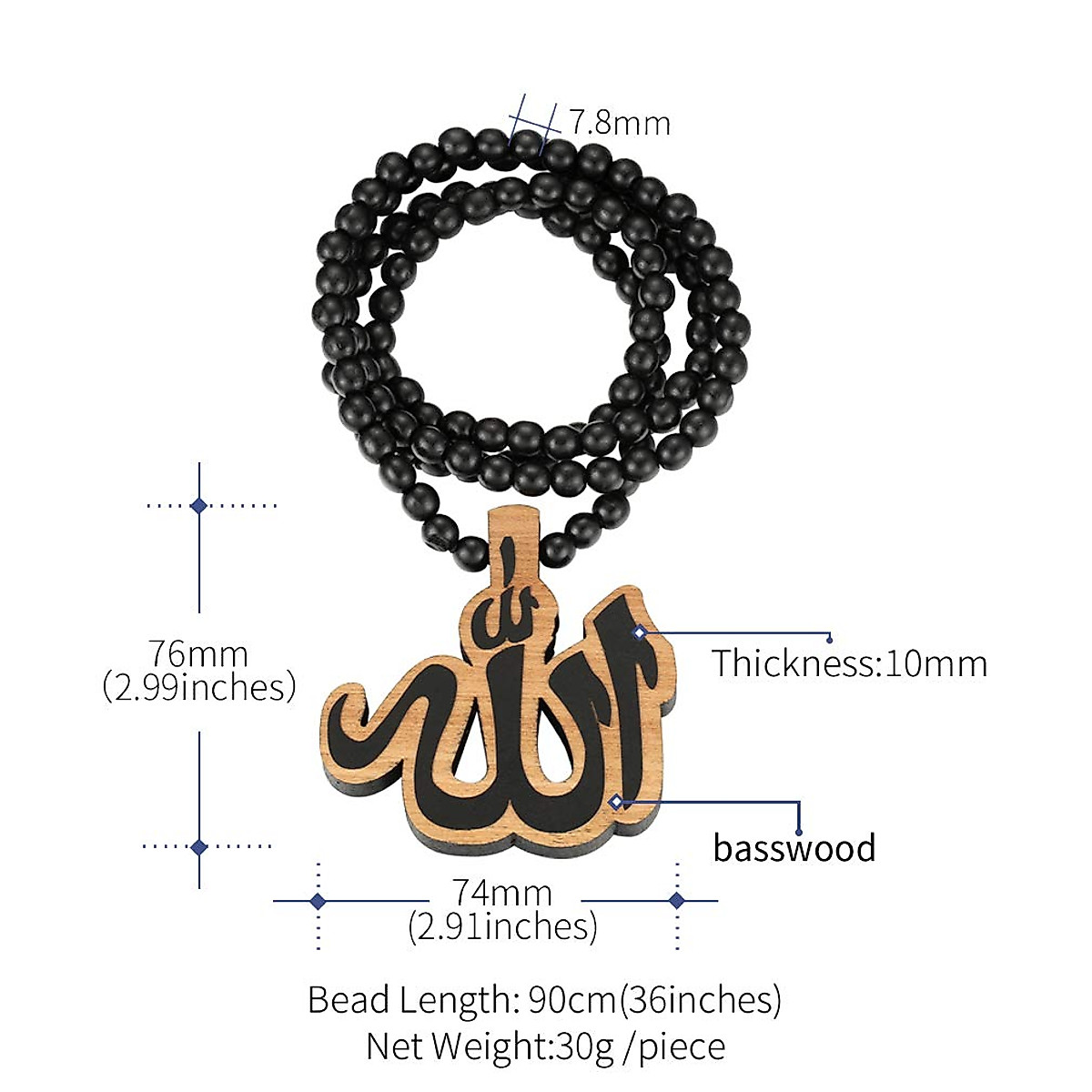 FaithHeart Moslem Jewelry Allah Bead Necklace Mens Wood Bead Chain Jewelry Women Sweater Chains 36 Inches Long Necklaces