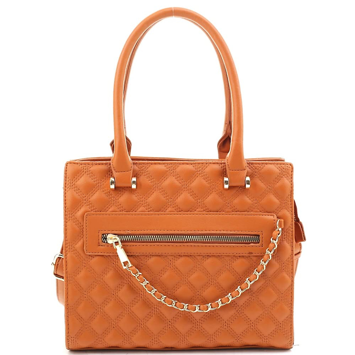 Chain Accent Structured Vegan Leather Square Medium 2-Way Satchel Tote Handbag Purse (Chain Accent - Nude)