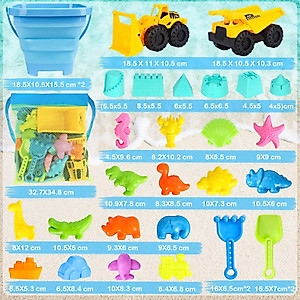 FHOZGECY Beach Toys, 31Pcs Sand Toys, Sandbox Toys with 2 Truck 2 Collapsible Sand Bucket, Shovel Set, Sand Castle Kit, Animal Dinosaur Molds etc. Mesh Bag, Travel Toys for Kids Toddlers Boys Girls