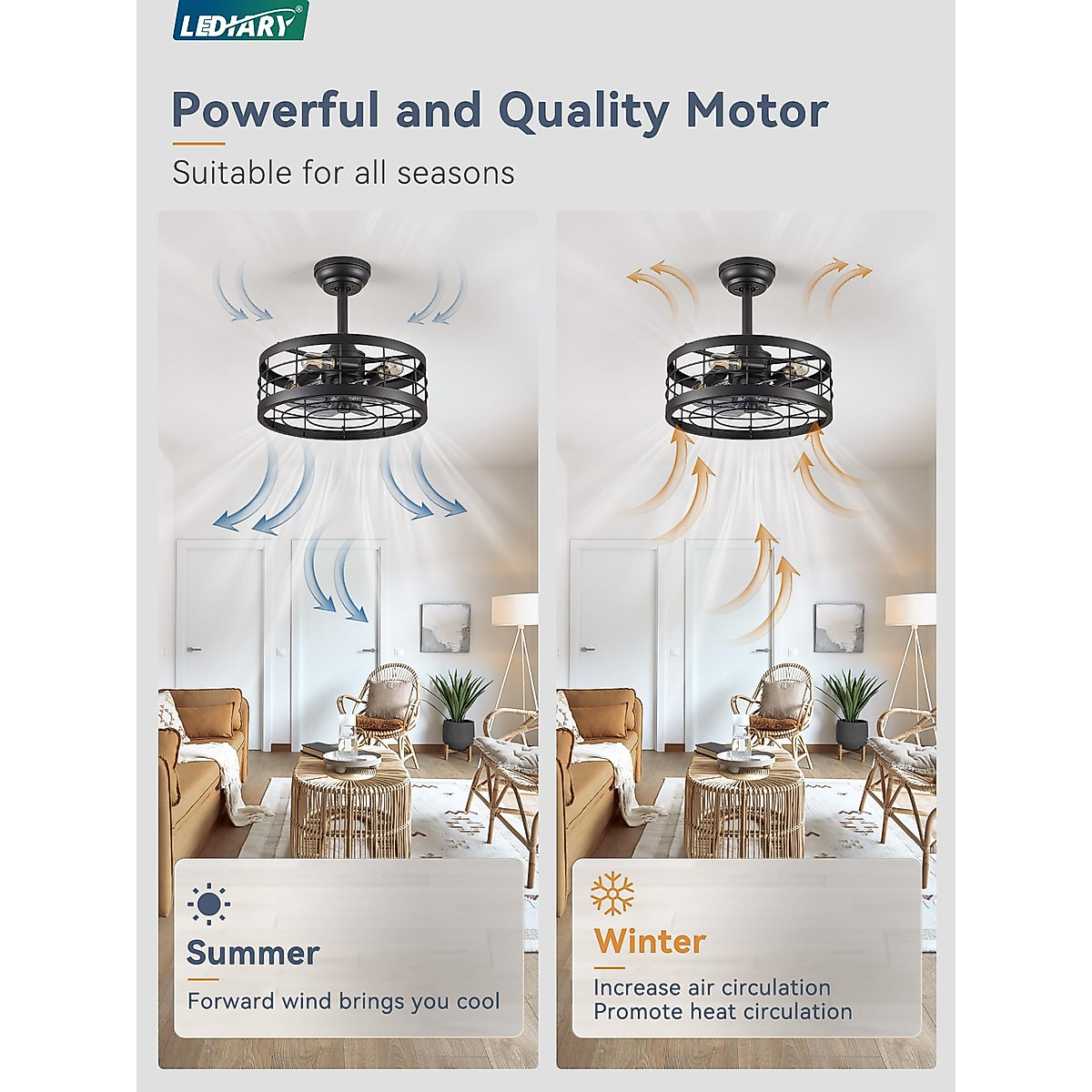 LEDIARY 16.5 inch Black Caged Ceiling Fan with Light, Bladeless Industrial Ceiling Fan with Remote, Farmhouse Fan Lights Ceiling Fixtures for Kitchen, Bedroom, Outdoor（6 Speed, Timing）-Black