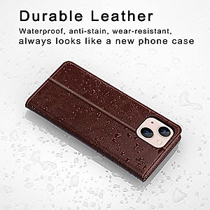 Belemay iPhone 14 Wallet Case - Genuine Leather Flip Cover with RFID Blocking, Shockproof TPU Shell, & Card Holders - Brown (6.1-inch)