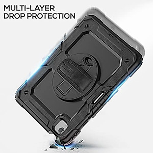 SEYMAC iPad Air 5th/ 4th Generation Case 10.9 Inch, Full-Body Shockproof Protective Case with Screen Protector, 360° Rotating Stand/Handle/Shoulder Strap/Pencil Holder for iPad Air 5/ Air 4, Black
