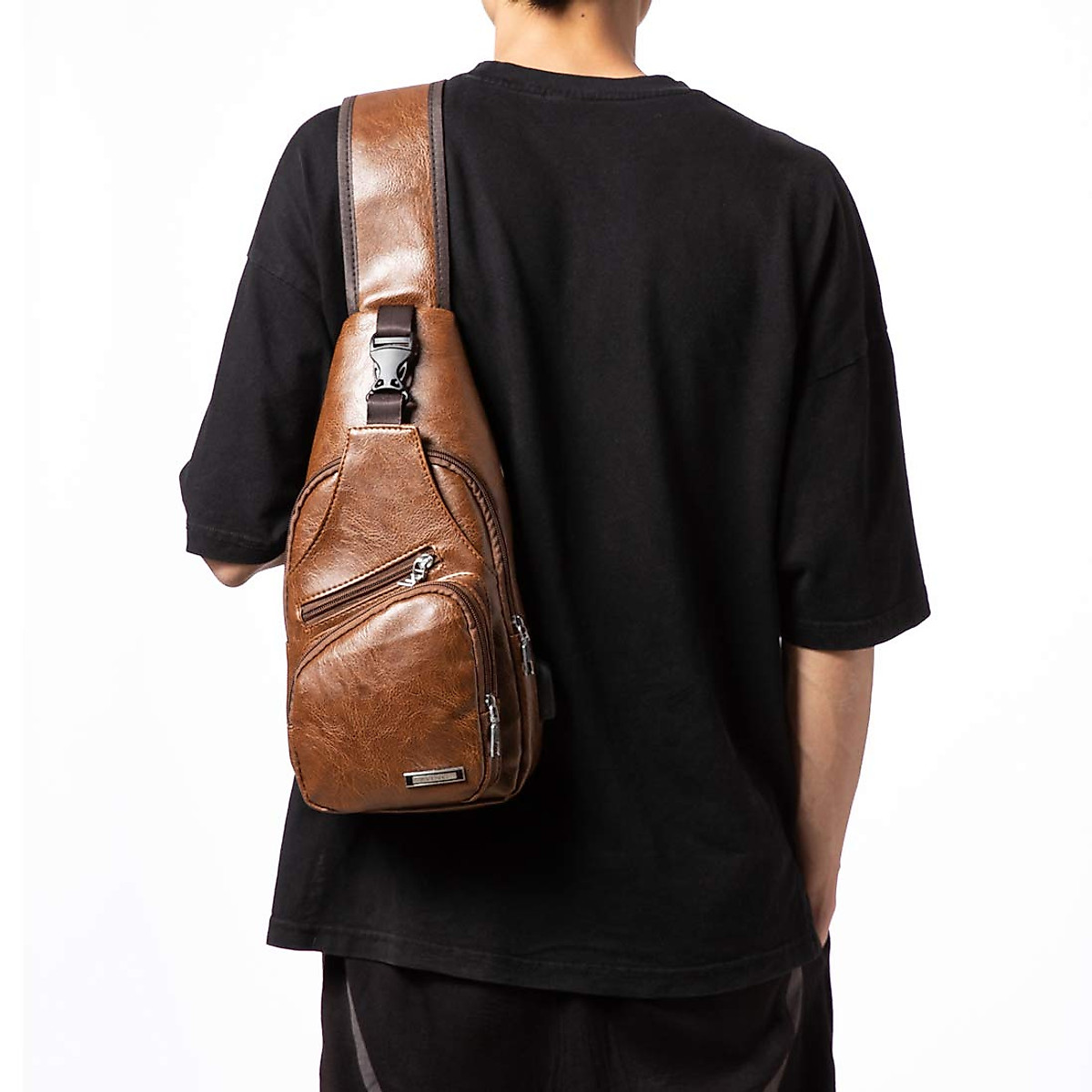 Men's Leather Sling Bag Multipurpose Daypack Shoulder Chest Crossbody Bag Black