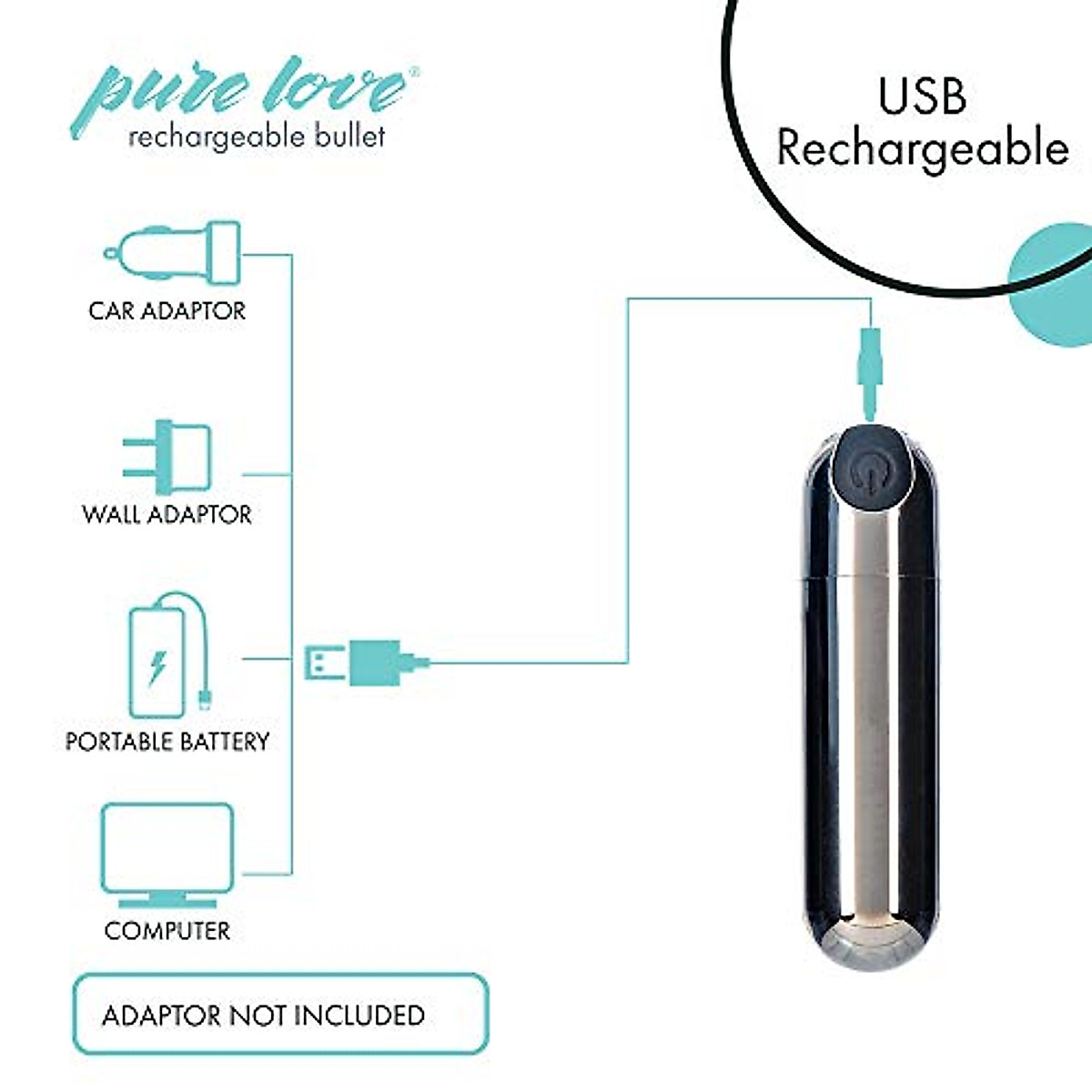 pure love Vibrator Bullet, Rechargeable, Waterproof, Adult Sex Toy, Smoky Silver, 3"