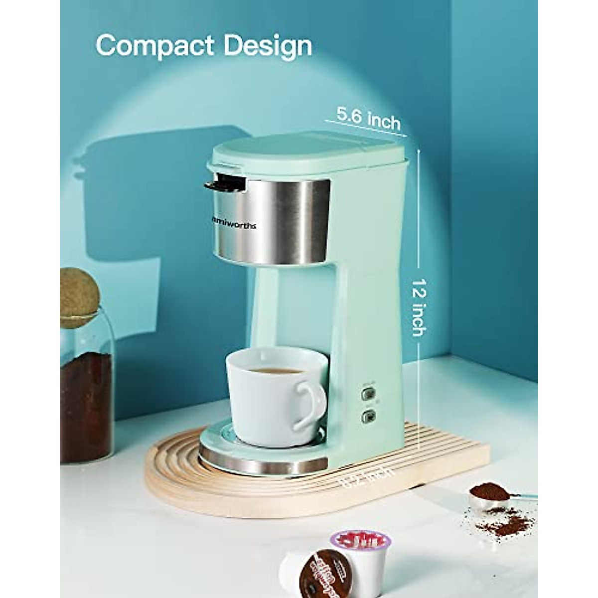 Famiworths Single Serve Coffee Maker for K Cup & Ground Coffee, With Bold Brew, One Cup Coffee Maker, 6 to 14 oz. Brew Sizes, Fits Travel Mug, Oyster Green