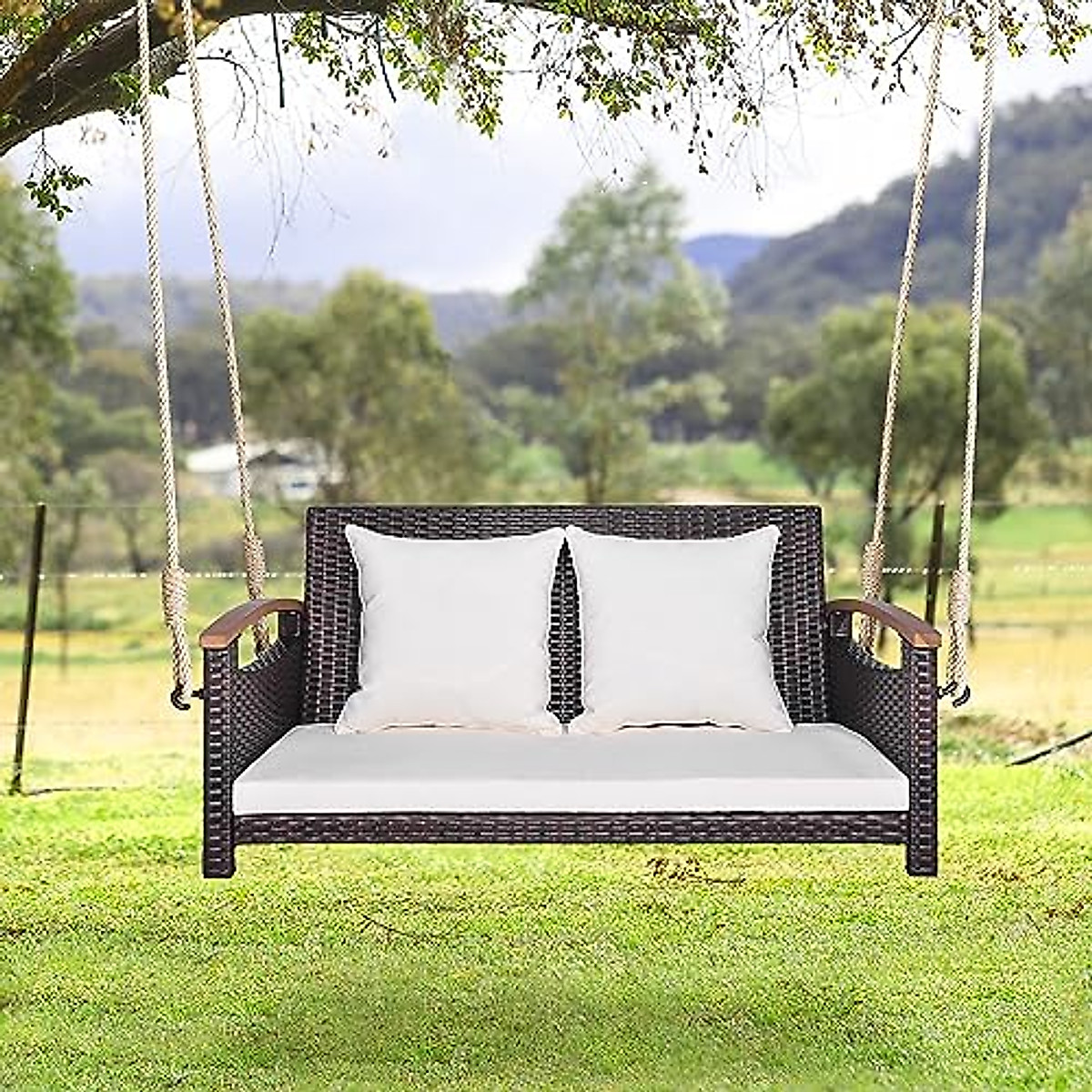 Tangkula Patio Rattan Porch Swing, 2-Person Hanging Chair with Seat & Back Cushions, Reinforced Metal Frame & 2 Hanging Hemp Ropes, Wicker Woven Swing Loveseat for Backyard, Front Porch (Off White)
