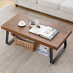 IBF Rustic Wood Coffee Table, Natural Wood Center Table for Living Room, Industrial Farmhouse Solid Real Wooden Tea Table, Modern Minimalist Vintage Metal Rectangle Cocktail Table, Rustic Brown, 47 In