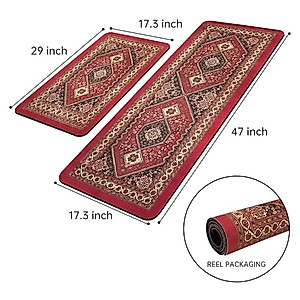eqivei Kitchen Rugs Sets of 2, Non-Skid Rubber Kitchen Mats for Floor, Boho Kitchen Runner Rugs and Mats Washable, Farmhouse Cushioned Standing Mat for Kitchen, Front of Sink, Laundry（Red）