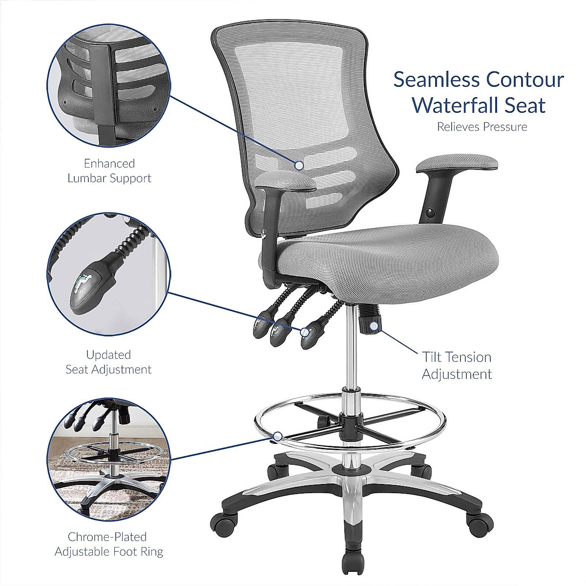 Modway Calibrate Mesh Drafting - Reception Desk Chair - Tall Office Chair in Gray