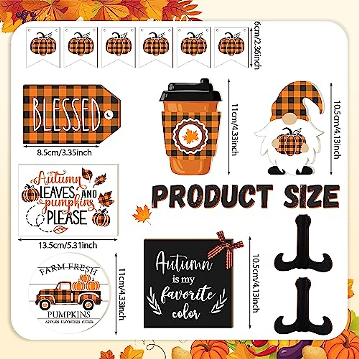 Maitys 13 Pcs Fall Tiered Tray Decor Set Thanksgiving Pumpkin Gnome Rustic Farmhouse Decor Fall Decor Autumn Harvest Decorative Trays Wooden Tabletop Signs for Home Kitchen(Orange Plaid Style)