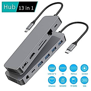 13 in 1 USB C Hub Multiport Adapter, with HDMI, 4K VGA Port, 100W Power Delivery, 3 USB 3.0 5Gbps, SD TF Card, PD Charging Port Docking Station