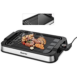 COSTWAY 2-in-1 Smokeless Indoor Grill, 1500W Electric Griddle w/Non-stick Reversible Cooking Plate, Large Drip Tray, Temperature Control, Dishwasher-safe