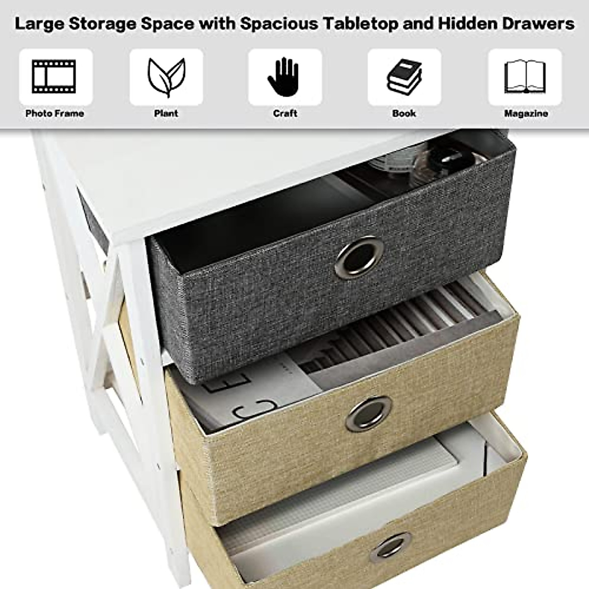 Nightstands Set of 2, with 3 Drawers, Wood Nightstand, Contrasting Colors Fabric Drawers, Easy Assembly Bedside Tables for Bedroom, College Dorm, Sturdy WhiteWood Frame, Wood Top, Easy Pull Handle.