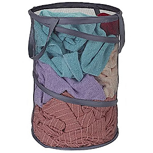 Qtopun Mesh Popup Laundry Hamper, Foldable Portable Cylindrical Dirty Clothes Basket for Bedroom, Kids Room, College Dormitory and Travel — Grey