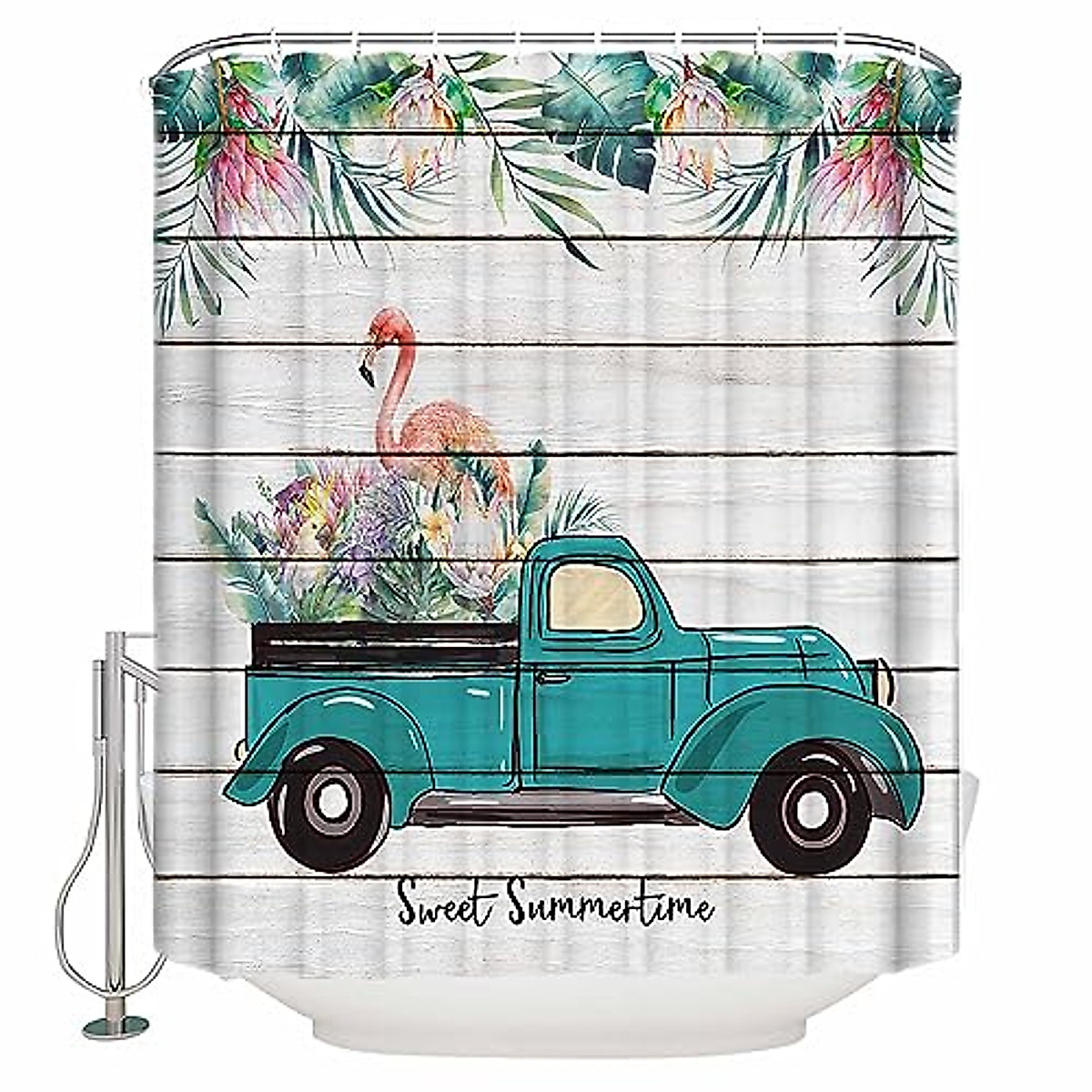 Shower Curtain, Turtle Leaf Tropical Truck Flamingo Washable Shower Curtain with Hooks Bath Decor Fabric Shower Curtains for Bathroom, Hotel, Stalls, Bathtubs, 60x72 in
