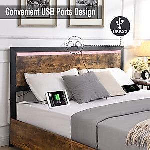Full Size Bed Frame with 4 Storage Drawers, Metal Platform Storage Bed, LED Bed Frame with Headboard and Charging Station, Rustic Wood Platform Bed with Storage, Easy Assemble, No Need Box Spring