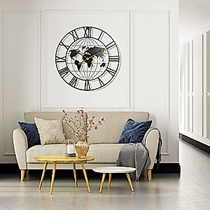 Large World Map Wall Clock, Metal Minimalist Modern Clock, Round Silent Non-Ticking Battery Operated Wall Clocks for Living Room/Home/Kitchen/Bedroom/Office/School Decor (24 Inch)