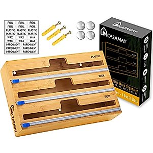 CASAMAY Foil and Plastic Wrap Organizer - Bamboo 3 in 1 Dispenser with Cutter & Labels, Wax Paper, Foil Organization Storage for 12 inch Roll or Less