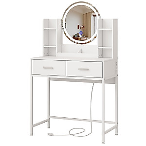 HDDDZSW Vanity Desk with Mirror and Lights, Make up Vanity Desk with Charging Station and 2 Drawers, Dressing Table with 3-Lighting-Modes Makeup Mirror, White Vanity Makeup Table for Bedroom