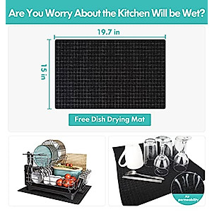 MAJALiS Dish Drying Rack and Drainboard Set, 2 Tier Large Dish Rack with Swivel Spout, Stainless Steel Dish Drainer for Kitchen Counter with Wine Glass Holder and Extra Drying Mat