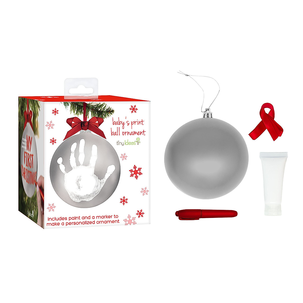 Tiny Ideas Christmas Baby's Handprint Ball Ornament, Included Paint for Baby's Print, Newborrn Holiday Keepsake Gift, DIY Classic Christmas Tree Ornament, Silver