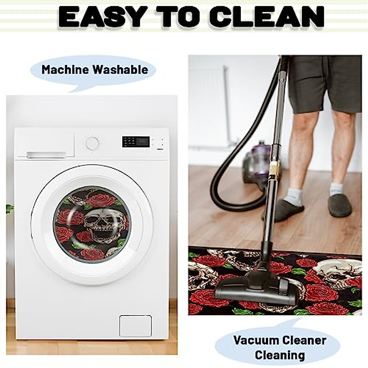 KOBLEN Skull and Red Roses Kitchen Rugs Non Slip Washable Absorbent Kitchen Mats 20x39 inch Cushioned Anti Fatigue Kitchen Floor Mats for in Front of Sink