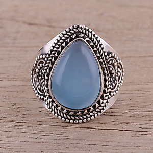 NOVICA Artisan Handmade Chalcedony Cocktail Ring Sterling Silver Blue India [crownbezel 0.7 in L x 0.8 in W x 0.3 in H Band Width 3 mm W] ' Charismatic Blue Charm'