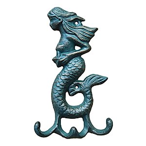Mermaid Cast Iron Wall Hook, Decorative Metal Key Hanger, Towel Hook with Screws and Anchors