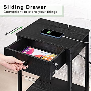 melos Nightstand with Charging Station and USB Ports, Bed Side Table/Night Stand with Drawer and Storage Shelf, 2 Tier End Table for Small Spaces, Side Tables for Bedroom, Living Room, Black