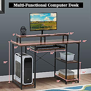 Computer Desk 46" Gaming Writing Desk with Keyboard Tray/Monitor Stand Shelf/Storage Shelves/CPU Stand for Home Office