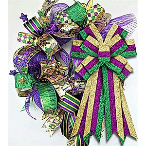 Hying Mardi Gras Ribbons for Wreath Bows, Glitter Gold Purple Green Wired Edge Ribbons Mardi Gras Stripes Craft Ribbons for Gift Wrapping Fat Tuesday Carnival Party Decoration Supplies, 2.5"×10 Yards