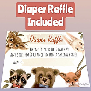 Baby Shower Invitations Woodland Creatures For Baby Boy or girl. Set Includes 25 Invites, 25 Baby Book Inserts, 25 Diaper Raffle & 25 Envelopes. Watercolor Design Bear, Racoon, Deer, Rabbit & Fox.