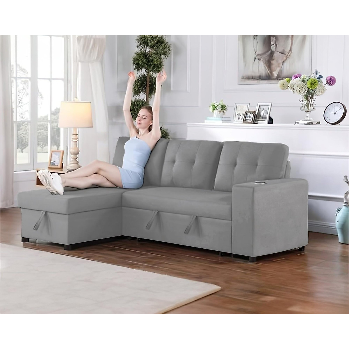 yoyomax L Shaped Sofa-82'' Sectional Sofa with Storage Chaises & Cup Holders, Pull Out Bed & Storage Space for Living Room, Apartment and Office, Light Grey(Left)
