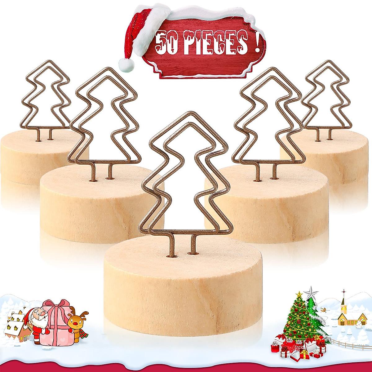 50 Pcs Christmas Wood Place Card Holders Wooden Base with Christmas Tree Rustic Iron Wire Clip Wooden Table Memo Photo Picture Number Sign Stands Holder for Party Xmas Wedding Table Decor