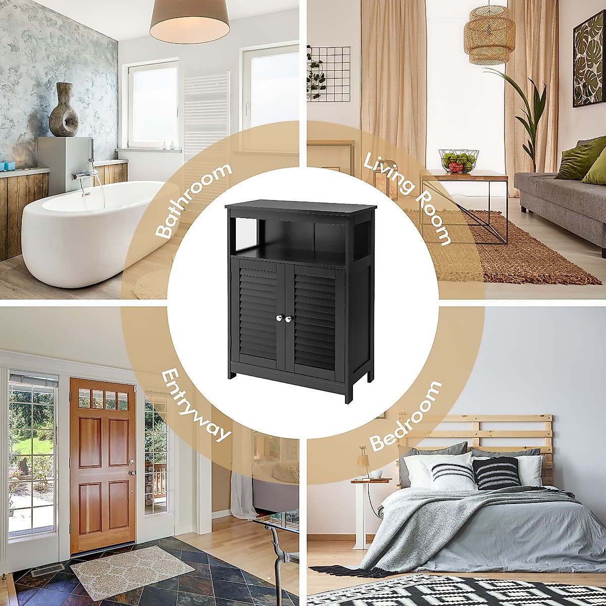 COSTWAY Bathroom Storage Cabinet, Wooden Side Storage Organizer with Louver Doors & Removable Shelf, Freestanding Floor Cabinet for Living Room, Kitchen, Entryway (Black)